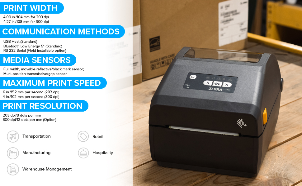 Zebra Direct Thermal Printer ZD421 - Bluetooth, USB Host and Modular ...