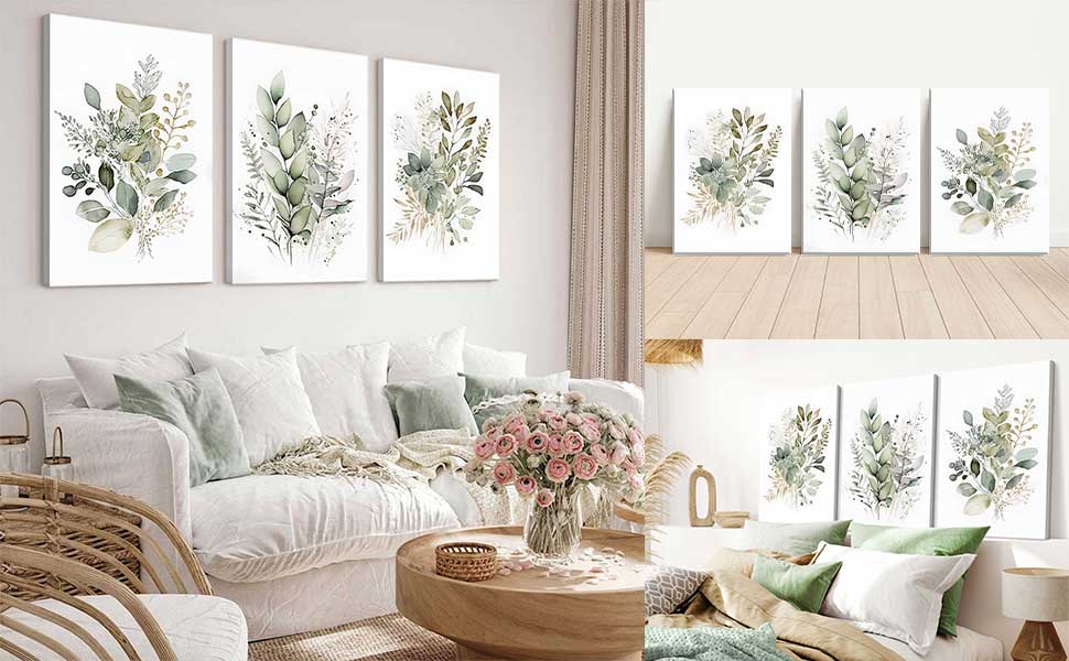 Amazon.com: 3Pcs Framed Watercolor Botanical Wall Art Sage Green Boho Floral Canvas Posters ...