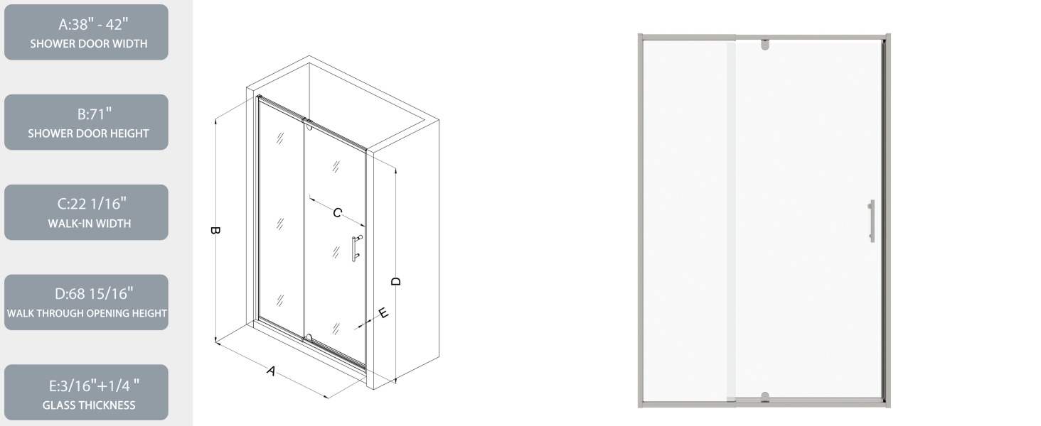 DOPERFE 38-42" W x 71" H Piovt Swing Glass Shower Door,Pivot Frame Sliding Shower Door with 1/4 ...