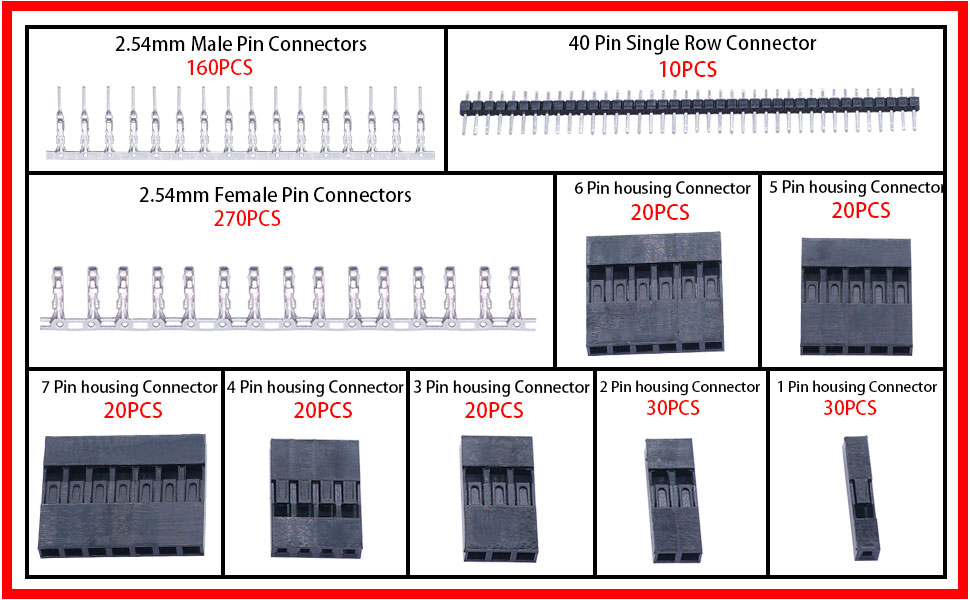Taiss 600PCS JST connector kit 2.54mm 1/2/3/4/5/6/7 Pin Housing Connector and Male Female Crimp ...