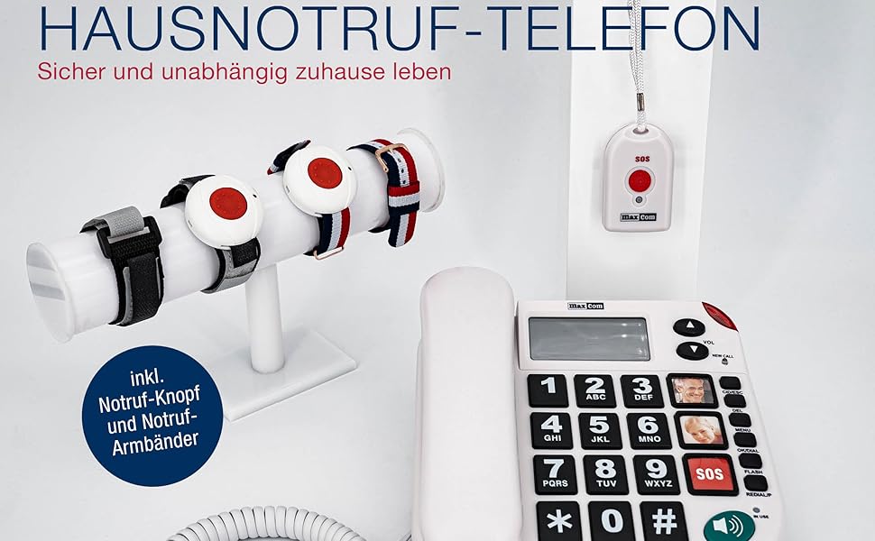 MAXCOM KX481SOS Haus-Notruf-Seniorentelefon mit Funk-SOS-Sender, schnurgebundenes ...