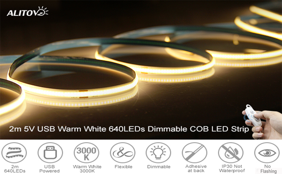 ALITOVE USB COB LED Strip Light 2M Warm White 3000K 320LEDs/m 5V LED Rope Light Flexible TV ...