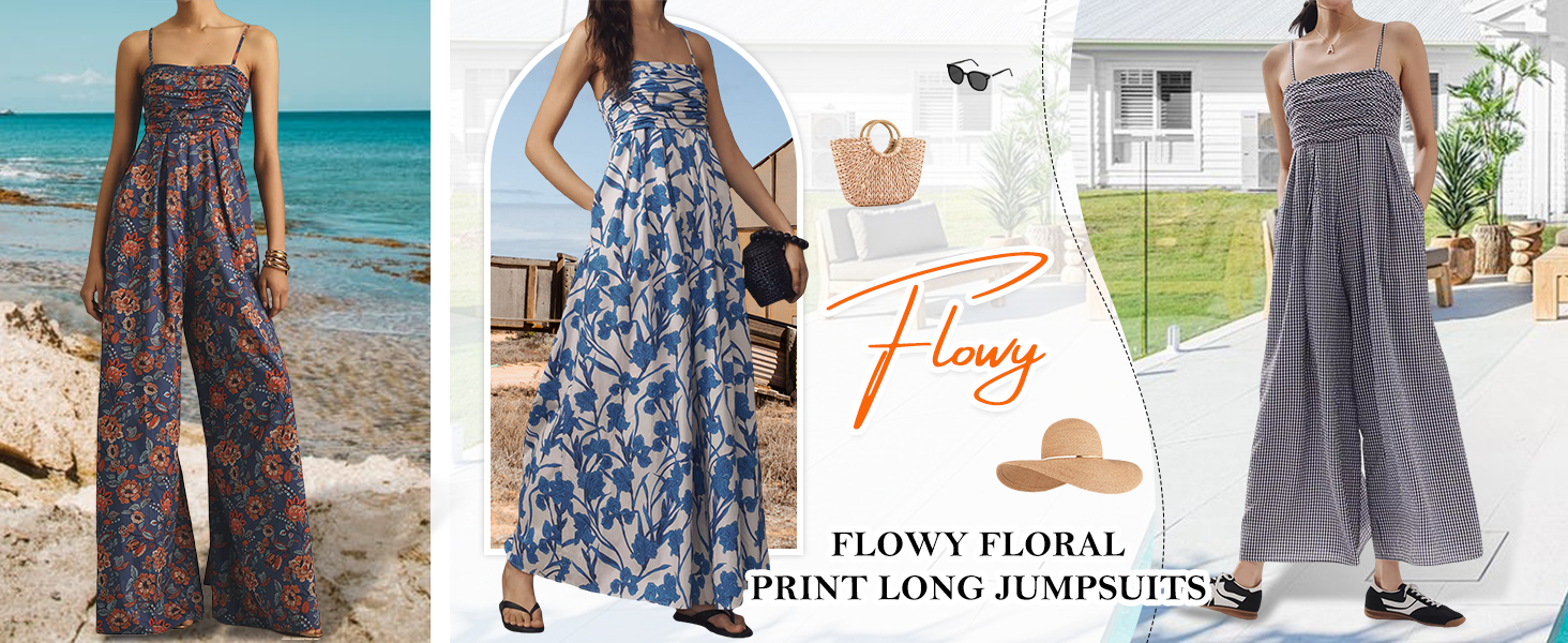 Amazon.com: Anoumcy Summer Spaghetti Strap Boho Wide Leg Jumpsuits for ...