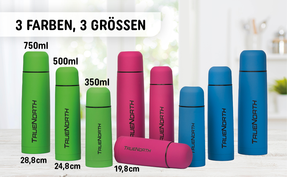 TRUE NORTH Thermoskanne - Hochwertige Isolierflasche für unterwegs, Edelstahl Thermosflasche ...