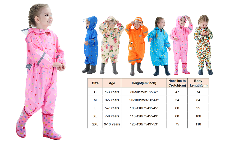 Fouyada Kids Toddler Rain Suit for Boys Girls One Piece Hooded Coverall Rain Jacket Rainwear ...