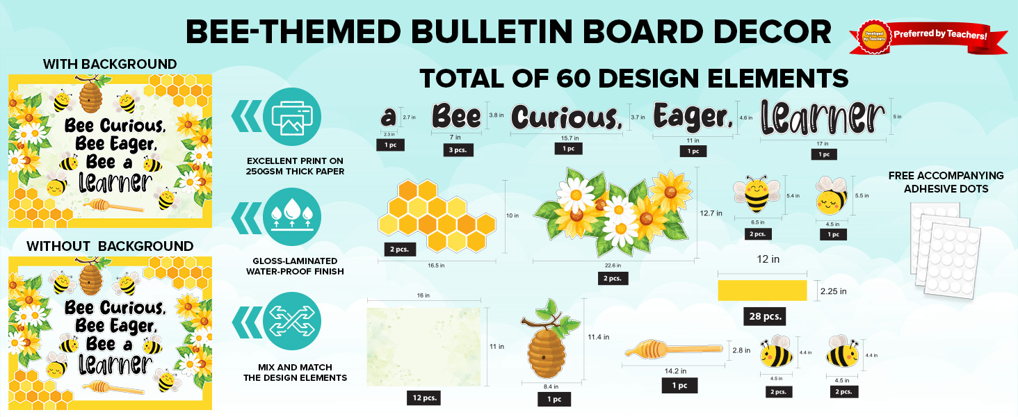 Amazon.com : 60 Pcs Bee Bulletin Board Decorations Set with Background ...