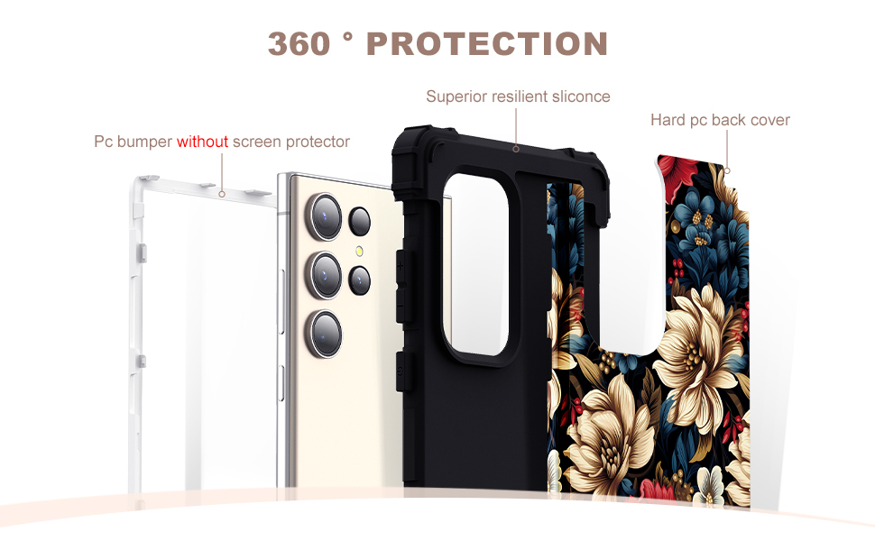 Amazon.com: SleekCover for Galaxy S24 Ultra Case,3 in 1 Floral Pattern Heavy Duty Shockproof ...