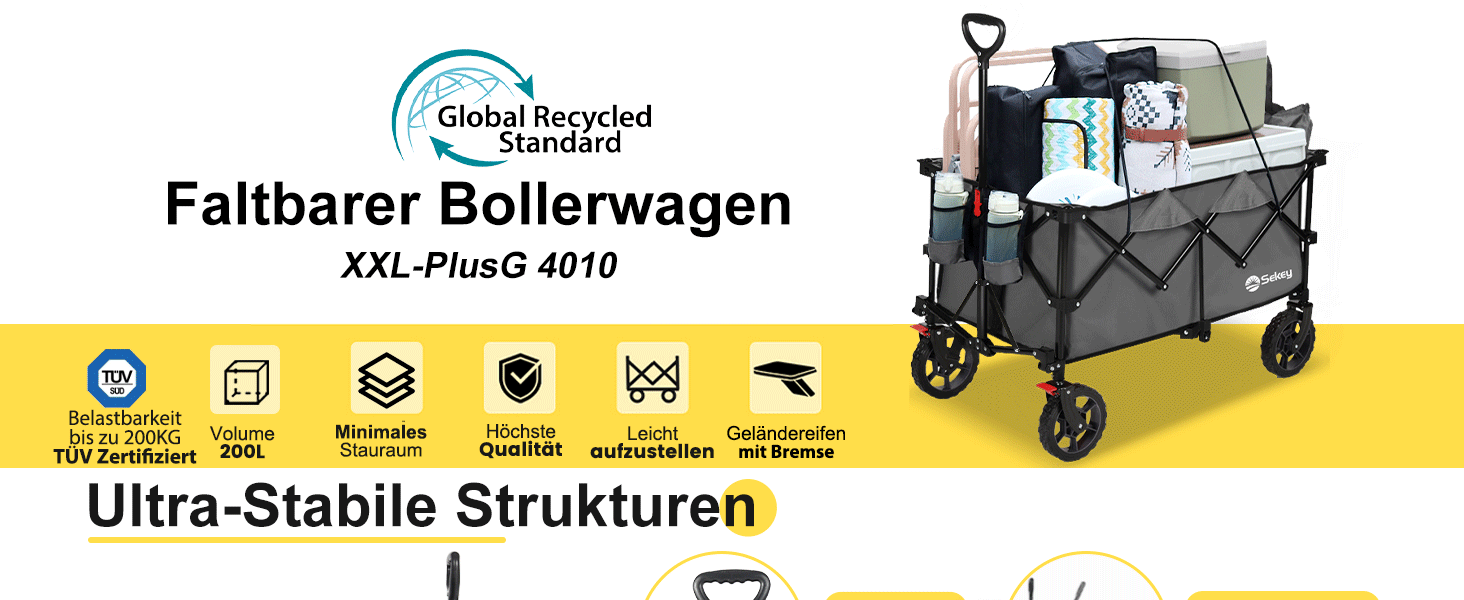 Sekey XXL Plus Bollerwagen Faltbar 200L 200KG Tragkraft, Faltbarer Bollerwagen Geländetauglich ...