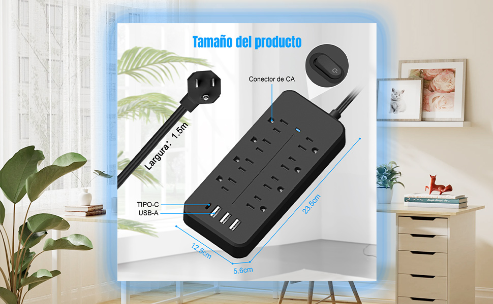 FANDBO 12 en 1 Regleta Multicontacto Extension USB, con 8 Salidas CA y 4 Puertos USB (1 USB C ...