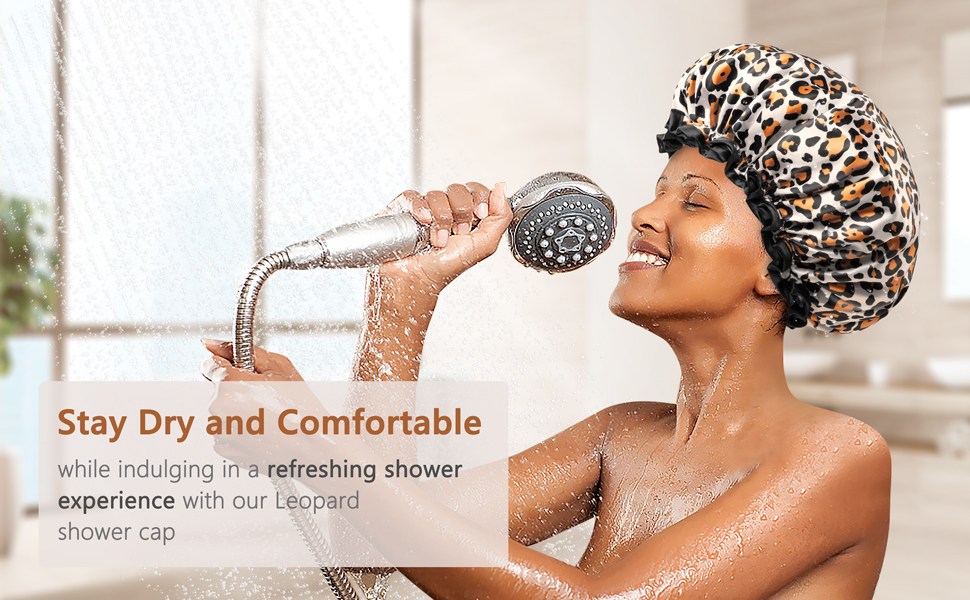 Amazon.com : mikimini Large Shower Cap for Women Long Hair, Leopard Stylish Shower Caps with ...