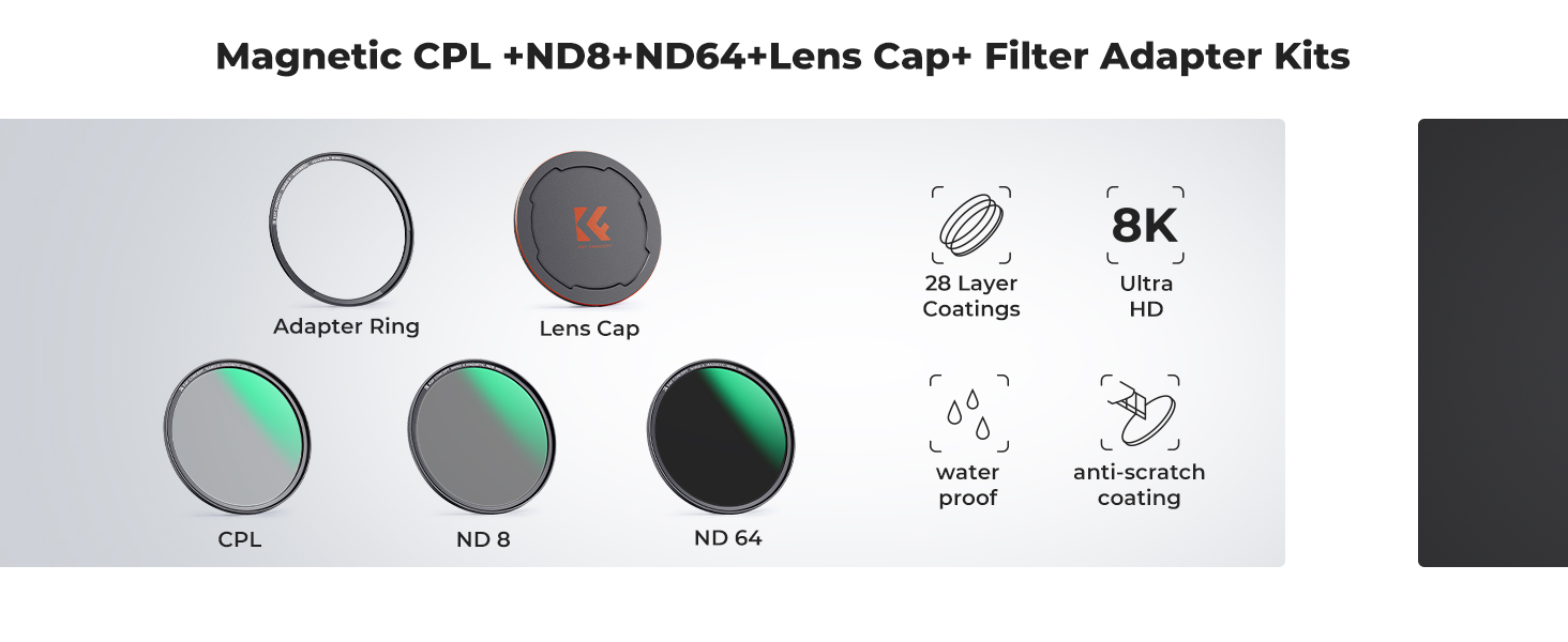 K&F CONCEPT 77mm 5-in-1 Magnetic Lens Filter Kit, Includes CPL+ ND8+ ND64+ Lens Cap+ Adapter ...