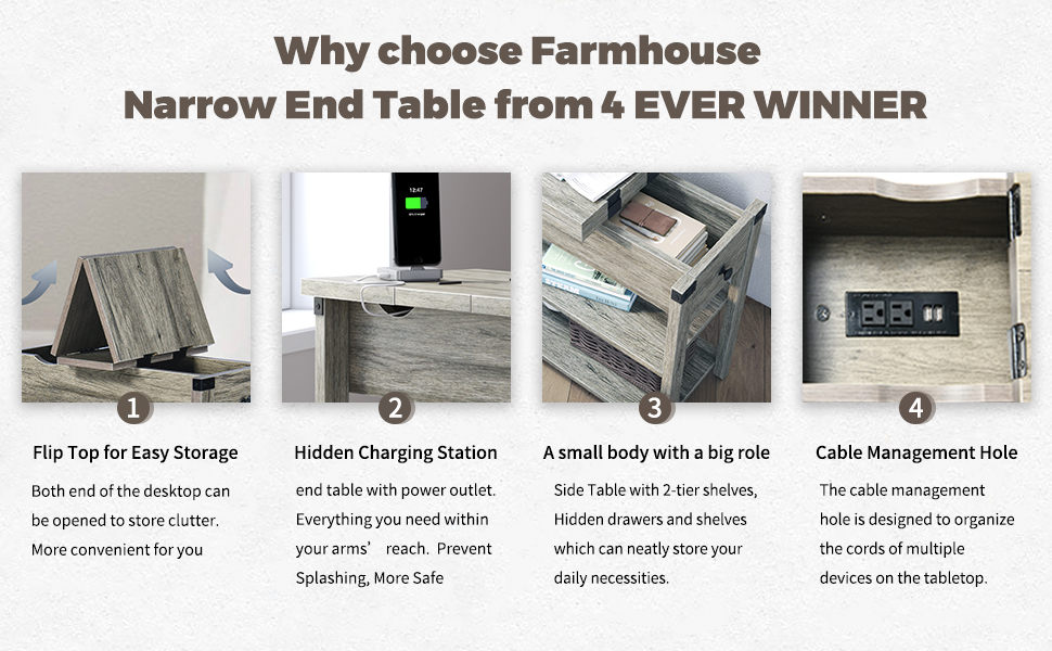 Amazon.com: Narrow End Table with Charging Station, Small Side Table with Flip Top and 2 Storage ...