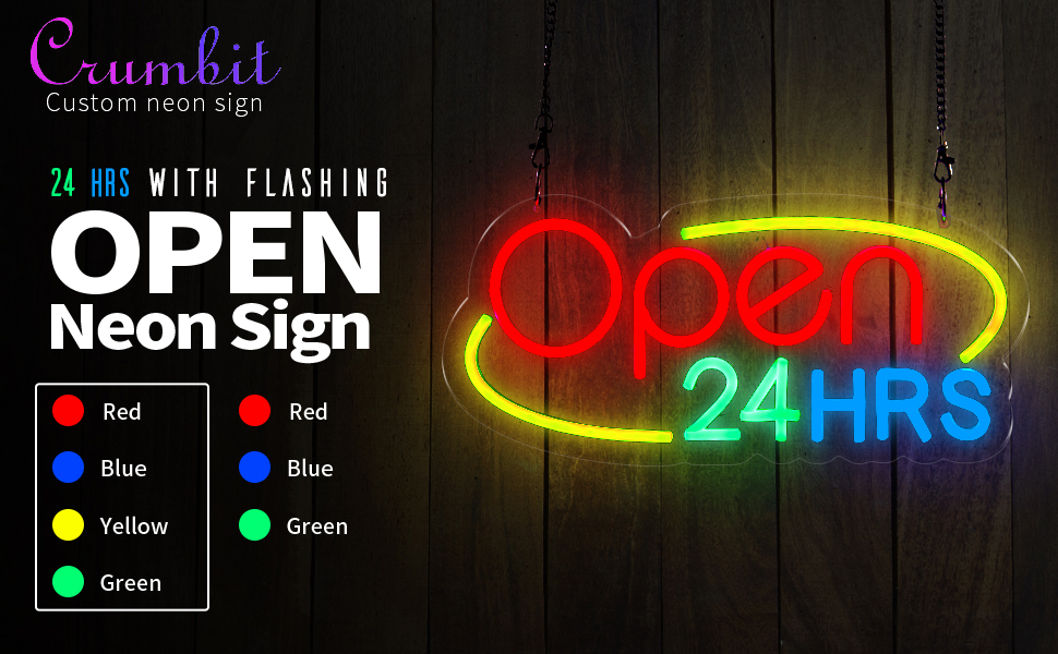 Open Neon Signs, CRUMBIT Open LED Neon Signs for Business, 24 Hours Open Neon Lights with ...