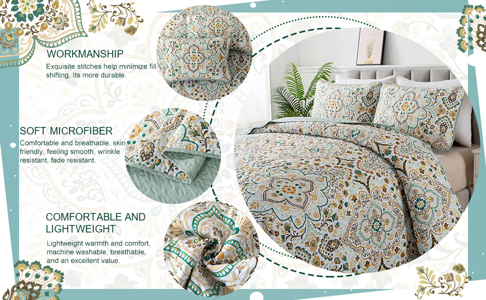 Amazon.com: Bohemian Quilt Set Green Boho Quilt Set King Quilt Coverlet Set Bedding Set with ...