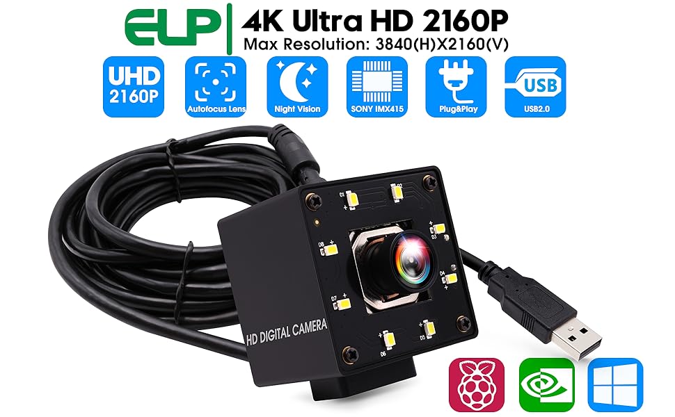 Amazon.com: ELP 4K USB Camera Night Vision 8mp Autofocus Webcam for Computer Mini UVC USB2.0 ...