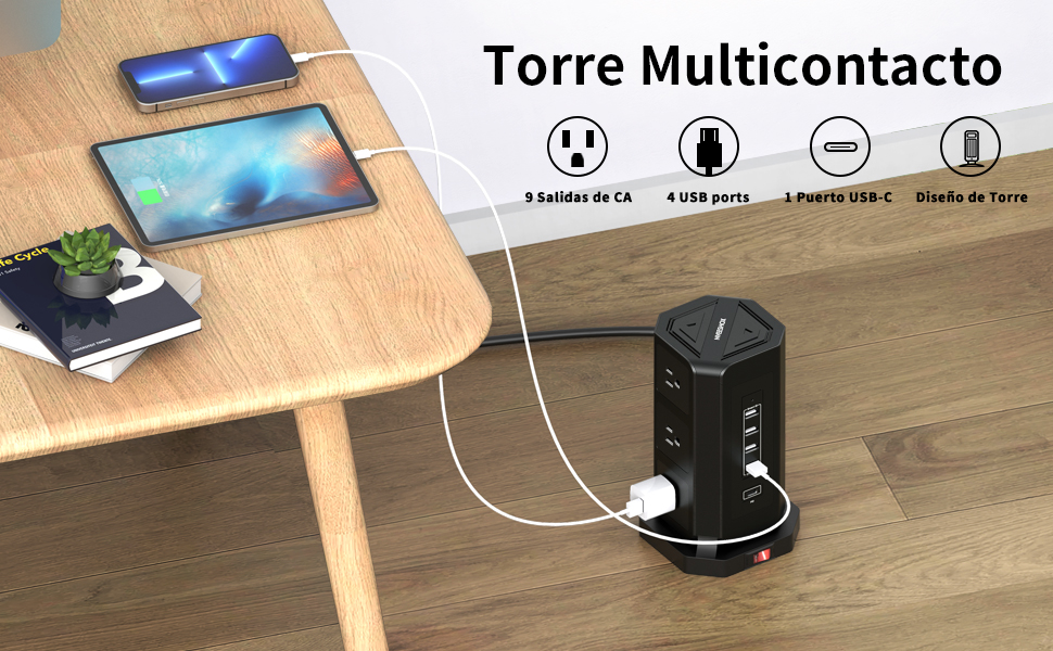 NVEESHOX Torre Multicontacto USB,Regleta de Alimentación con 9 Tomas de CA y 4 USB-A y 1 USB-C ...