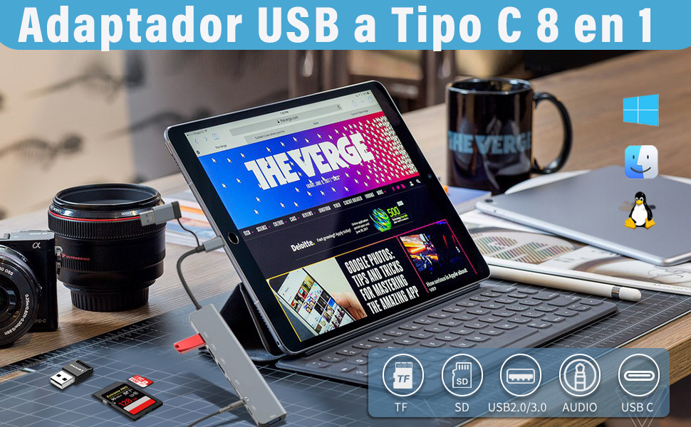 Hub USB C 3.0 8 en1, Adaptador USB a Tipo C Multipuerto con Jack 3.5, 4 Puertos USB 1 Puerto USB ...