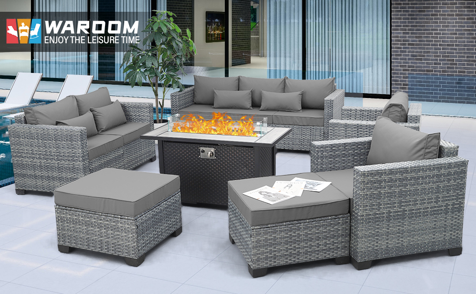 Amazon.com: WAROOM Patio Furniture Set Gray Rattan 7 Pieces Outdoor Sectional Sofa PE Wicker ...