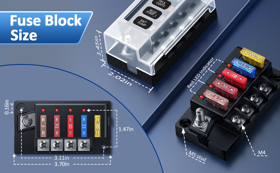 EXTRACTME 12V Fuse Block, 4 Circuit 12 Volt Blade Fuse Box Kit with LED Indicator, ATO Blade ...