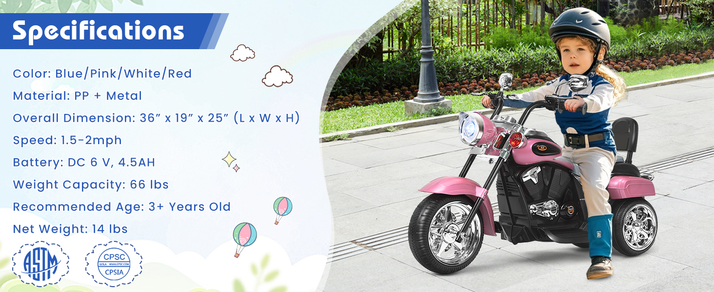 Amazon.com: HONEY JOY Pink Kids Motorcycle, 6V Battery Powered Toddler Chopper Motorbike Ride On ...