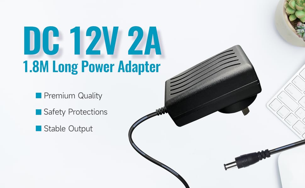 12V 2A 24W 1.8M Long Power Supply Adapter, AC DC Switching Adapter (Input 100-240V, Output ...