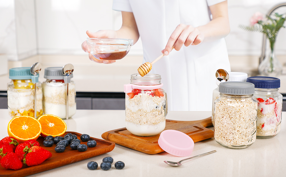Amazon.com: UNIWA Overnight oats containers with lids and Spoon 2 pack, 16 oz Mason Jars with ...