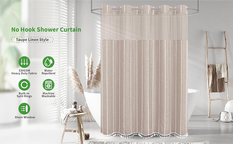 Amazon.com: eachope No Hook Extra Long Shower Curtain with Snap-in Liner,Boho Chic Striped ...