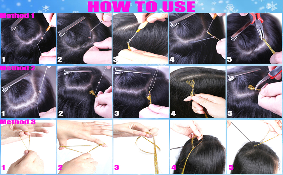 Amazon.com : 6 Packs Hair Extensions Tinsel Kit 1200 Strands Tinsel Hair Extensions for Women ...