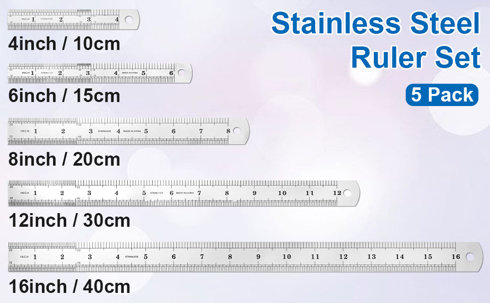 CustomyLife 5 Pack Machinist Rulers, 4/6/8/12/16 Inch Metric Ruler, Flexible Metal Stainless ...