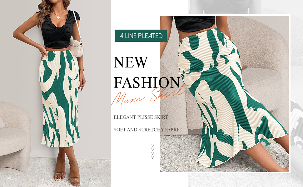 PRETTYGARDEN Women's 2024 Summer High Waist Graphic Print A Line Pleated Long Skirts for Women ...
