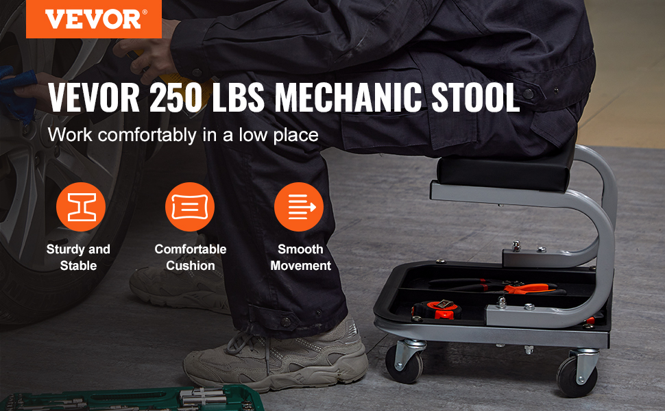 VEVOR Rolling Creeper Garage/Shop Seat, 250 LBS Capacity Padded Rolling Workshop Stool with Tool ...