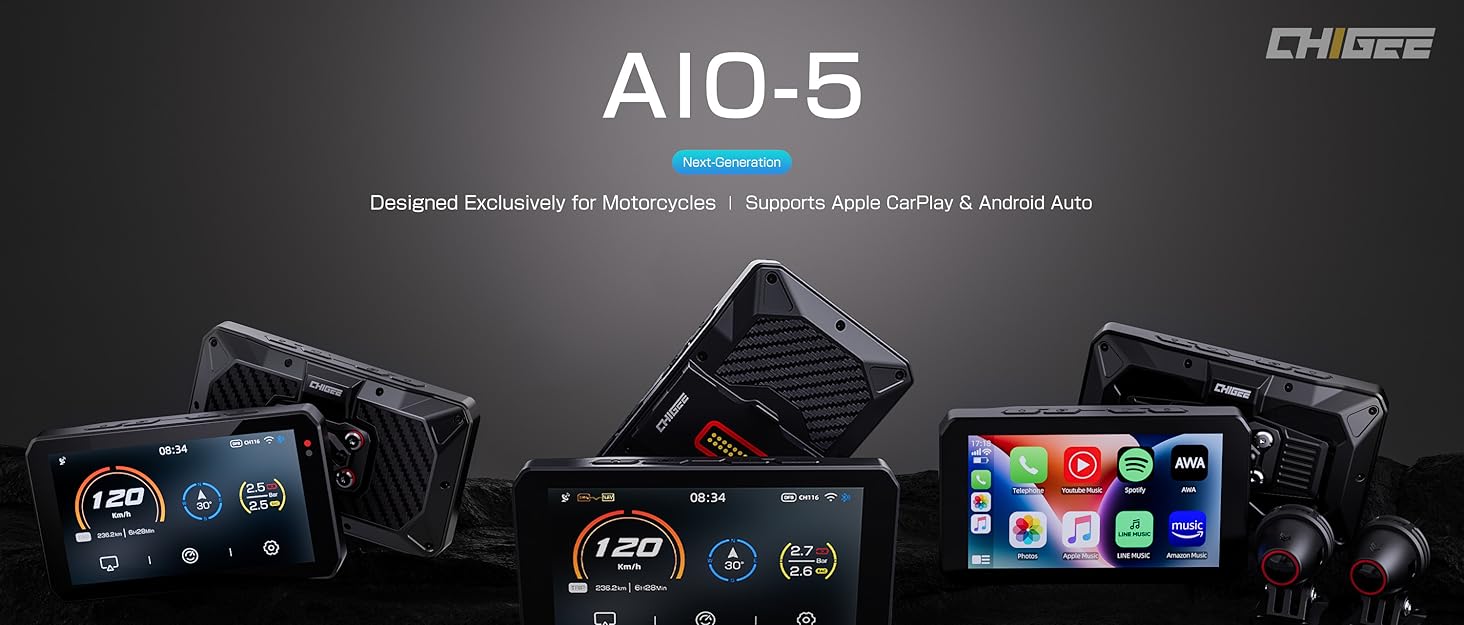 CHIGEE AIO-5Play - Sistema de navegación GPS para motocicleta Carplay Android, IPS LCD de 5 ...