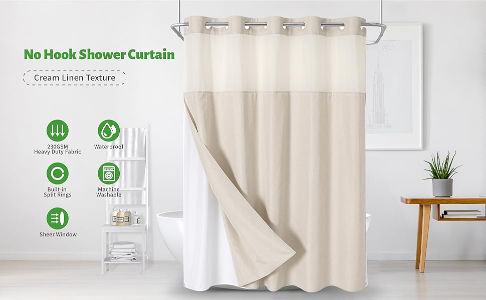 Amazon.com: eachope No Hooks Needed Linen Textured Shower Curtain with Snap-in Fabric Liner Set ...