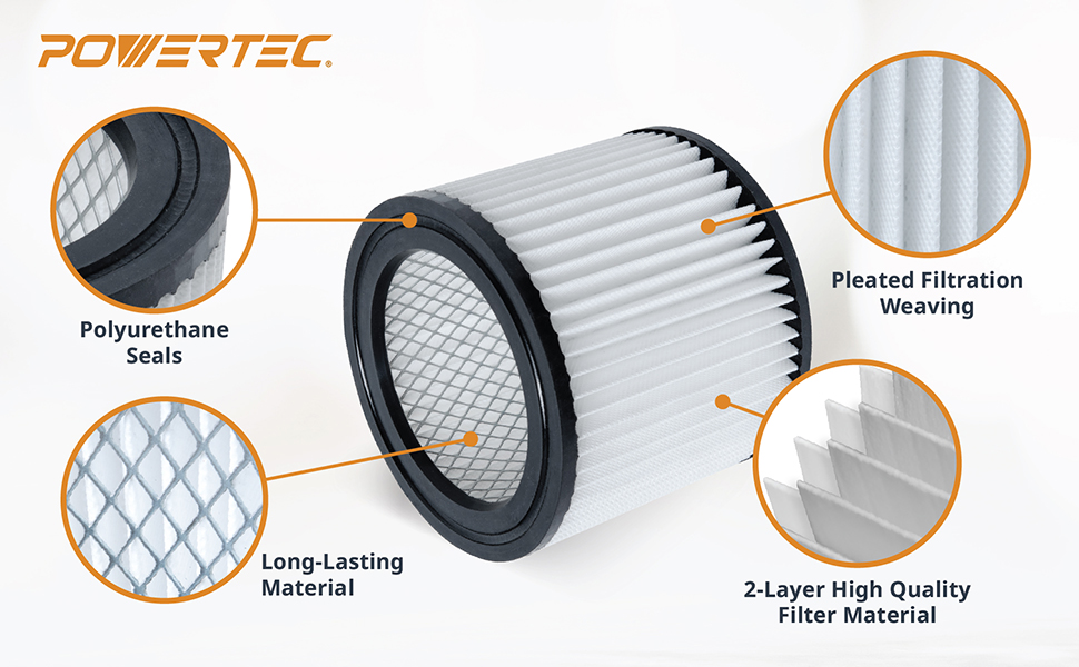 POWERTEC 90398 Cartridge Filters for Shop Vac, 9039800, 9039833 Type AA Replacement Filters ...