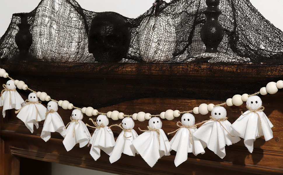 Amazon.com: Bunny Chorus 7Ft Cute Halloween Ghost with Wooden Beads Garlands, Handmade Rustic ...