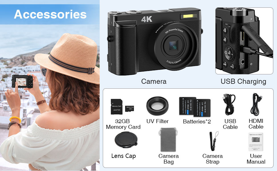 Digital Camera,Jumobuis 4K 48MP Autofocus Vlogging Camera with 32G Memory Card 16X Digital Zoom ...