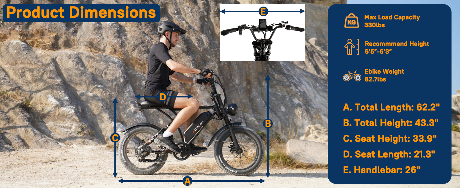 Movcan V60 Electric Bike with Lock & Phone Holder, 48V 15.6Ah Removable Battery 20” Fat Tire ...