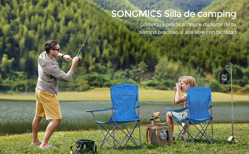 SONGMICS Silla de Camping, Juego de 2 Sillas de Exterior, Respaldo Alto, Apoyabrazos, Bolsillo ...