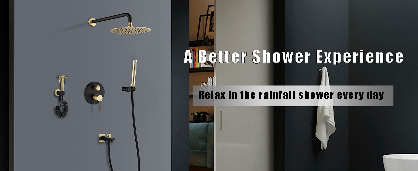 WRKMH Shower Faucet Set Black and Brushed Gold Rainfall Shower System Wall Mounted Shower ...
