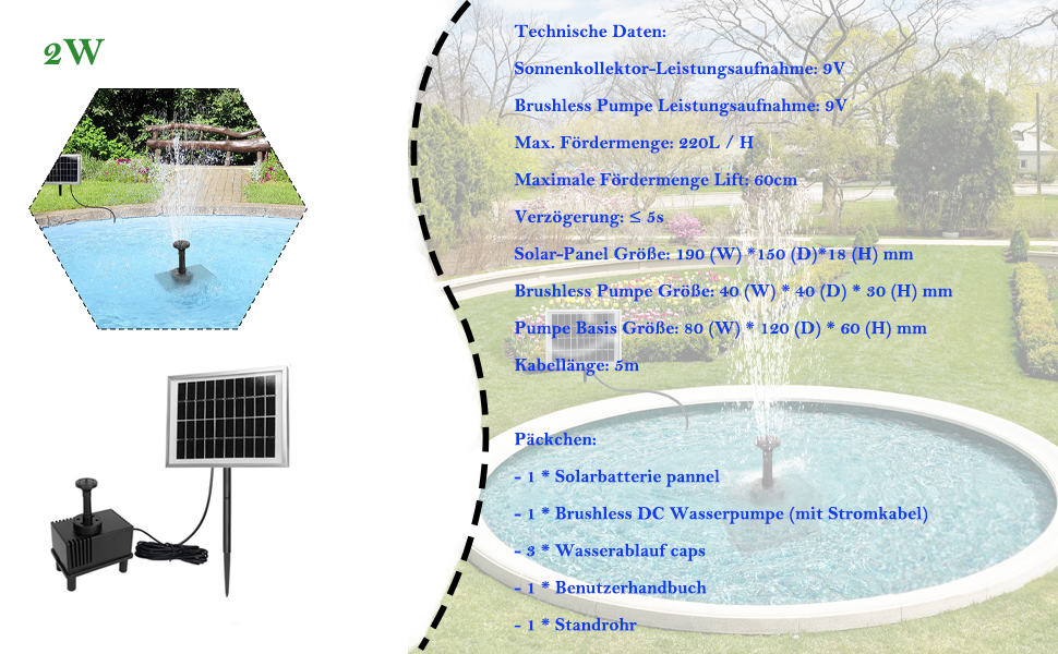 HENGMEI Solar Springbrunnen Solar Teichpumpe mit 2W Solar Panel Solarpumpe und Sprühdüsen ...