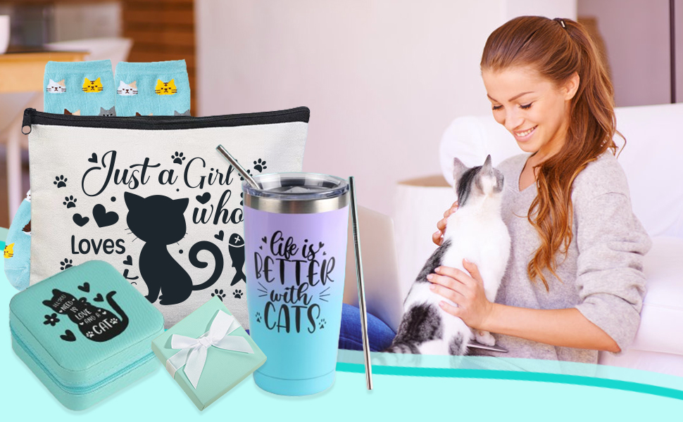 Amazon.com | Cefanty Cat Lover Gifts for Women - Cat Themed Gift Basket With 20 OZ Cat Tumbler ...