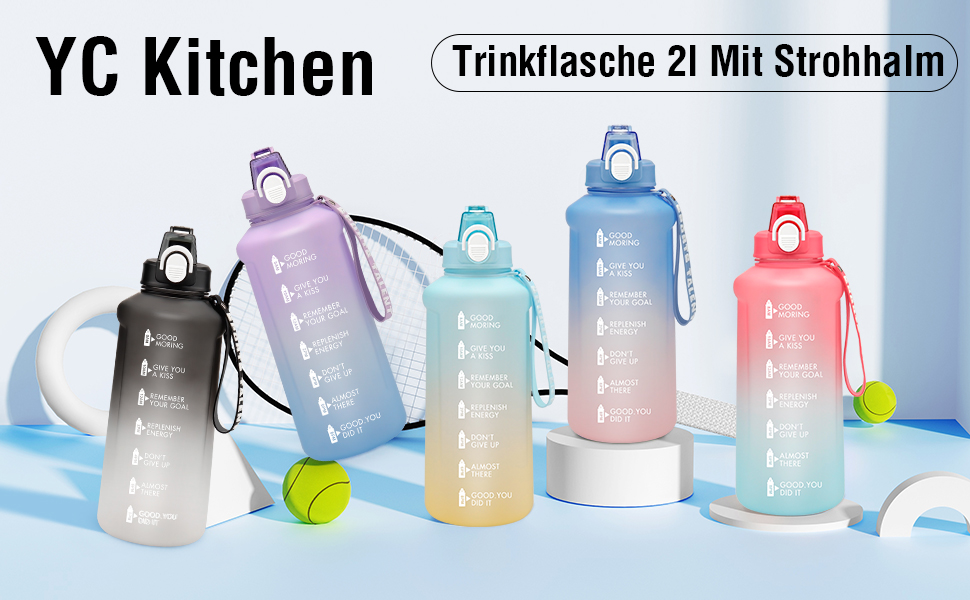 YC Kitchen Trinkflasche 2l, Wasserflasche mit Strohhalm und Zeitmarkierung - 2Liter BPA-Frei ...