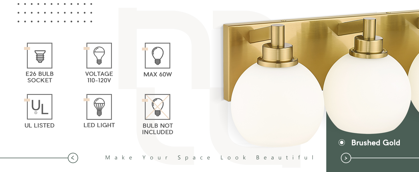 METWET Bathroom Light Fixtures, 3-Light Brushed Gold Vanity Light, Modern Wall Sconces with Milk ...