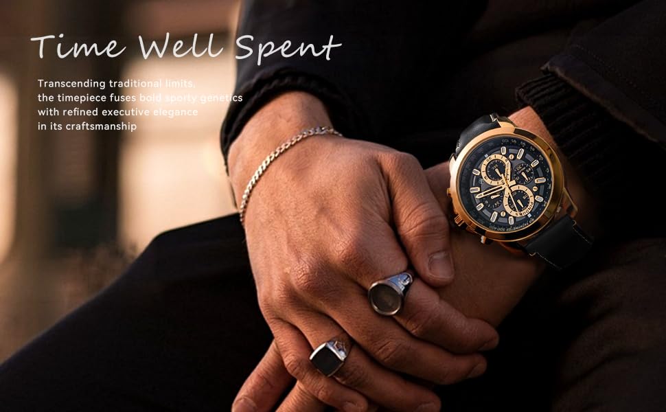 PINDOWS Watch for Men Analog Quartz Chronograph Waterproof Luminous Wrist Watches with Leather ...