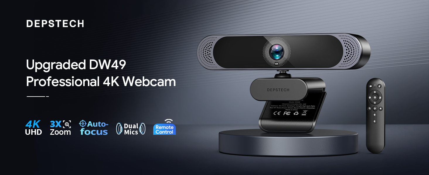 DEPSTECH Webcam 4K, 3X Zoomable Webcam with Microphone and Remote, 1/3" Sony Sensor, Dual Noise ...