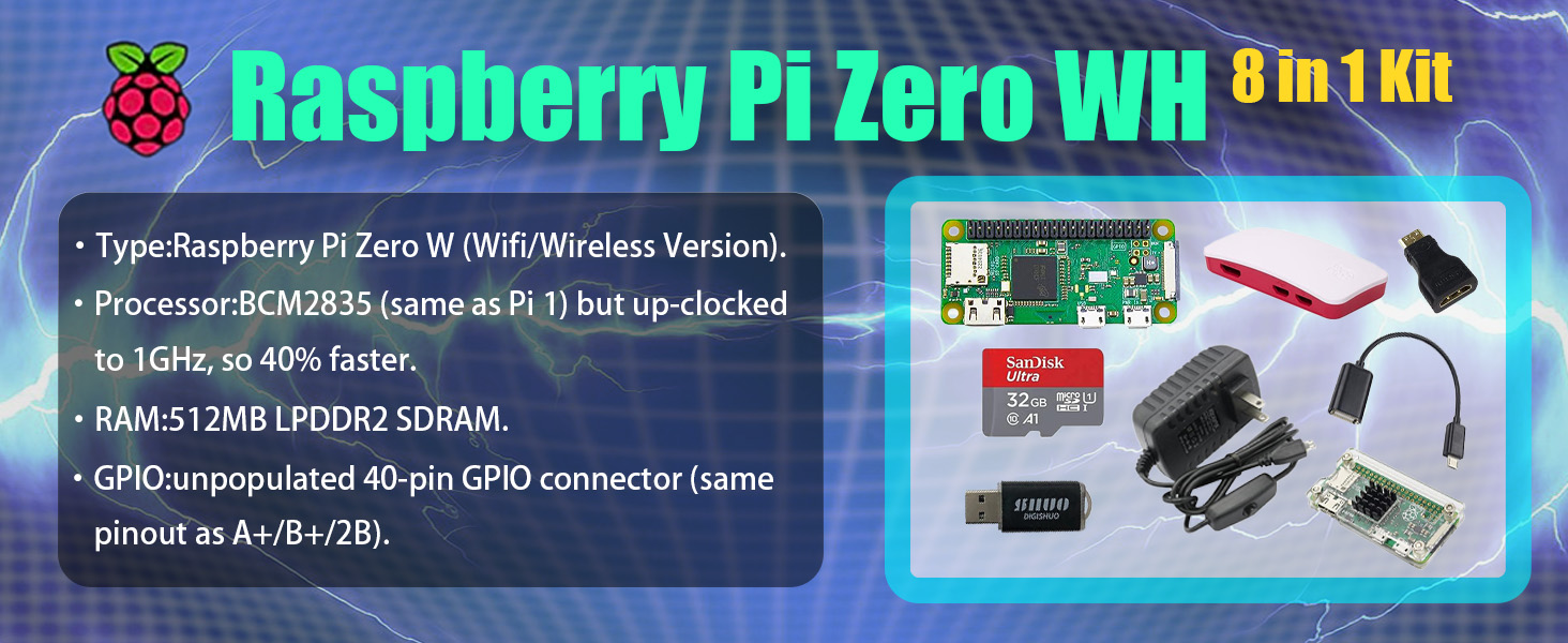 Amazon.com: DIGISHUO Raspberry Pi Zero WH(Wireless) 8 in 1 Complete Kit ...