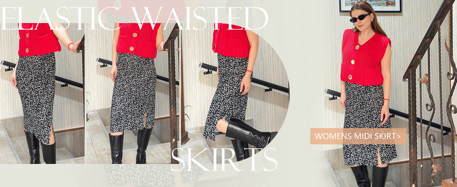 Amazon.com: Naggoo Midi Skirts for Women Summer Elastic High Waisted Side Slit Long Skirt Black ...