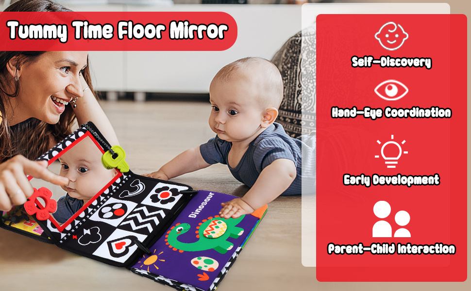 Amazon.com: Tummy Time Floor Mirror with Crinkle Cloth Book and Teethers, Double-sided Baby ...