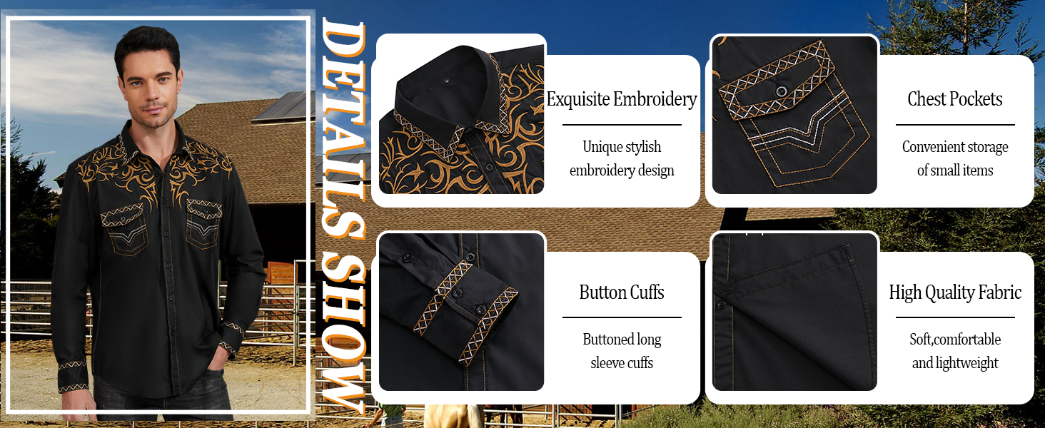 Amazon.com: TURETRENDY Men's Western Embroidered Long Sleeve Cowboy Button Down Shirt : Clothing ...