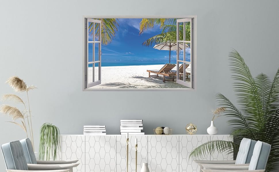 Amazon.de: ANHUIB 3D Strand Wandaufkleber,Strand Palme Fensterblick Aufkleber,Sommer Poster ...